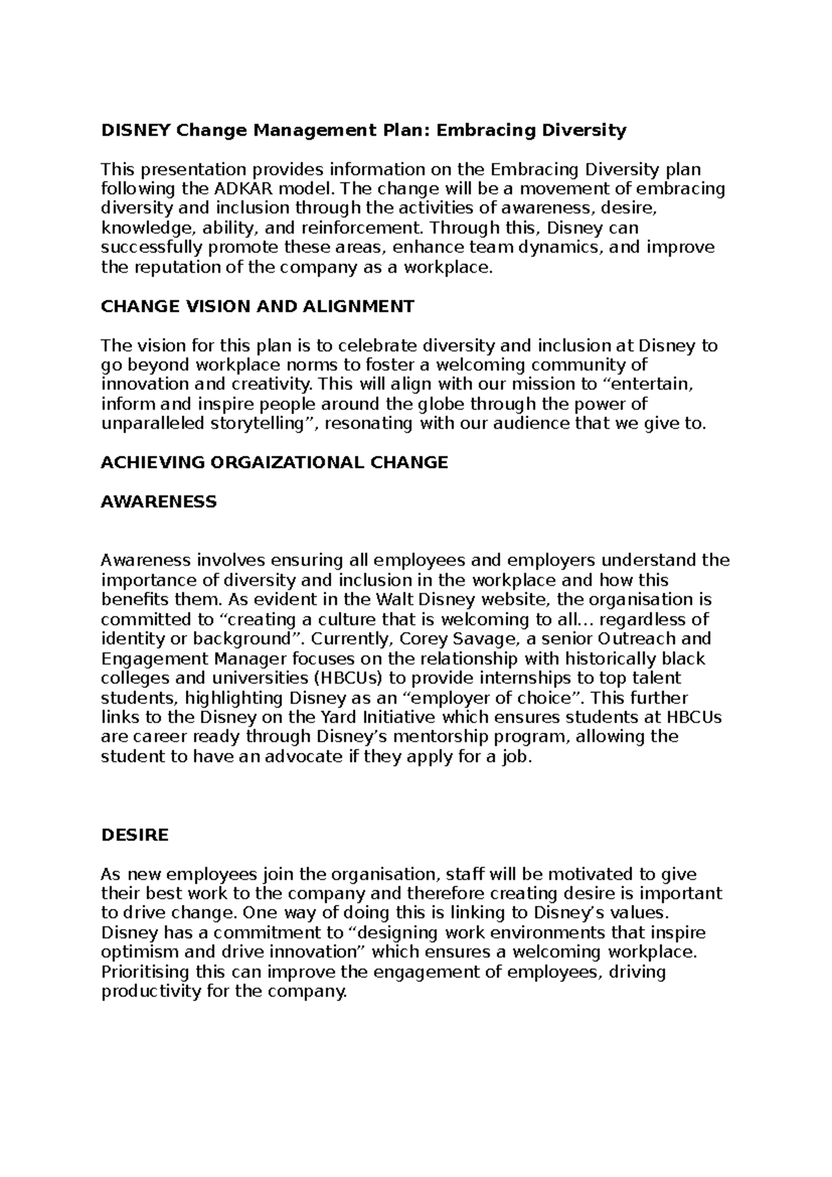 Disney Change Management Plan - DISNEY Change Management Plan ...