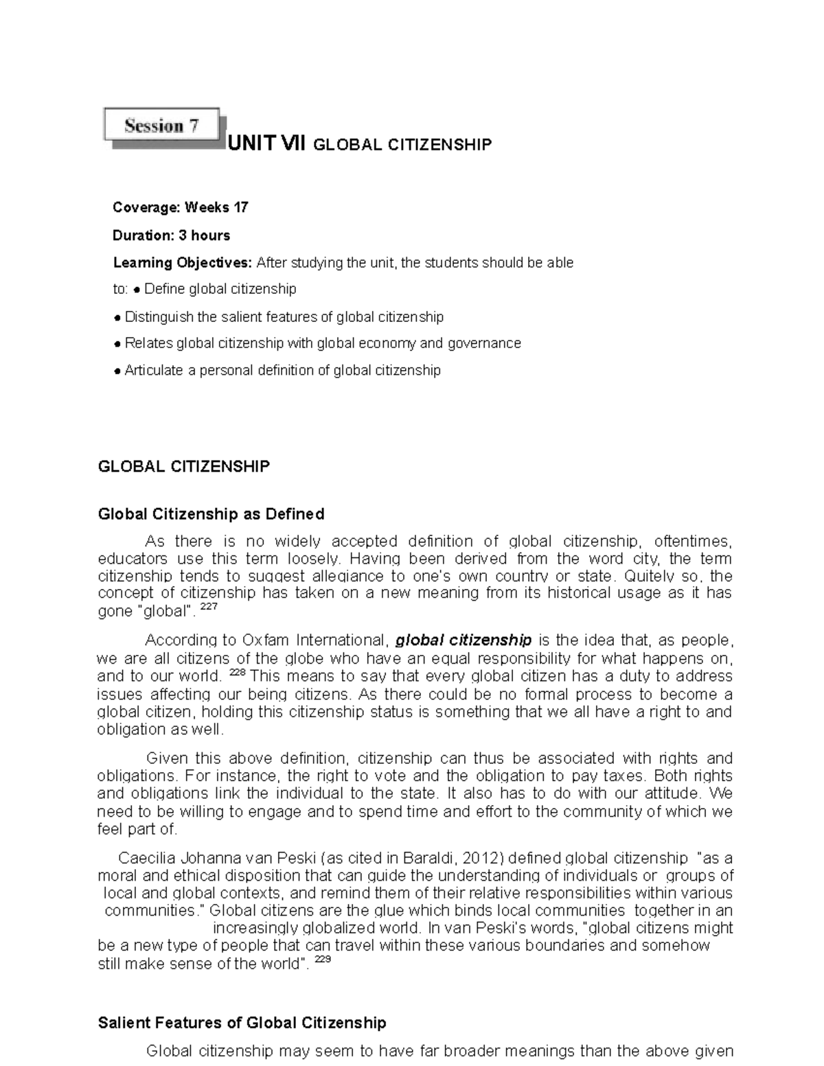 UNIT VII - Global Citizenship - UNIT VII GLOBAL CITIZENSHIP Coverage ...