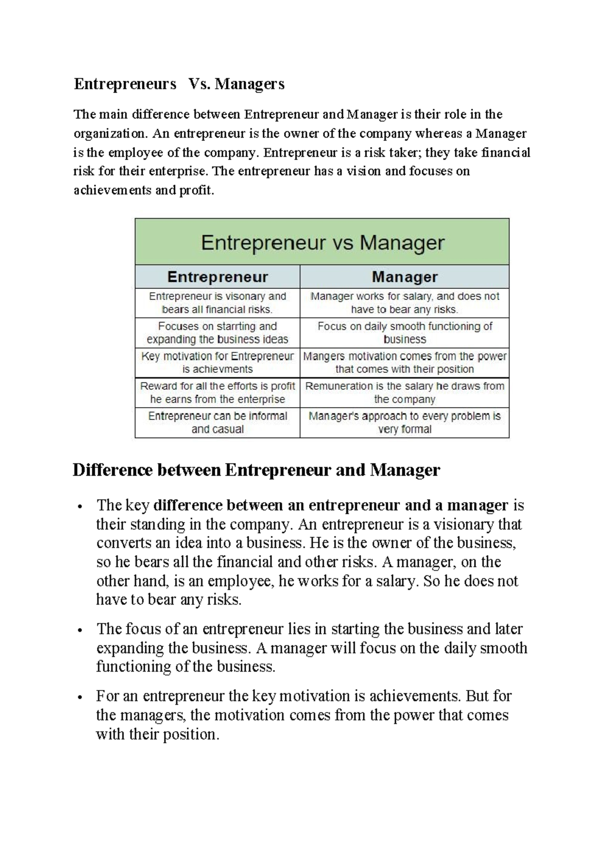 Entrepreneurs Vs Managers - Entrepreneurs Vs. Managers The main ...