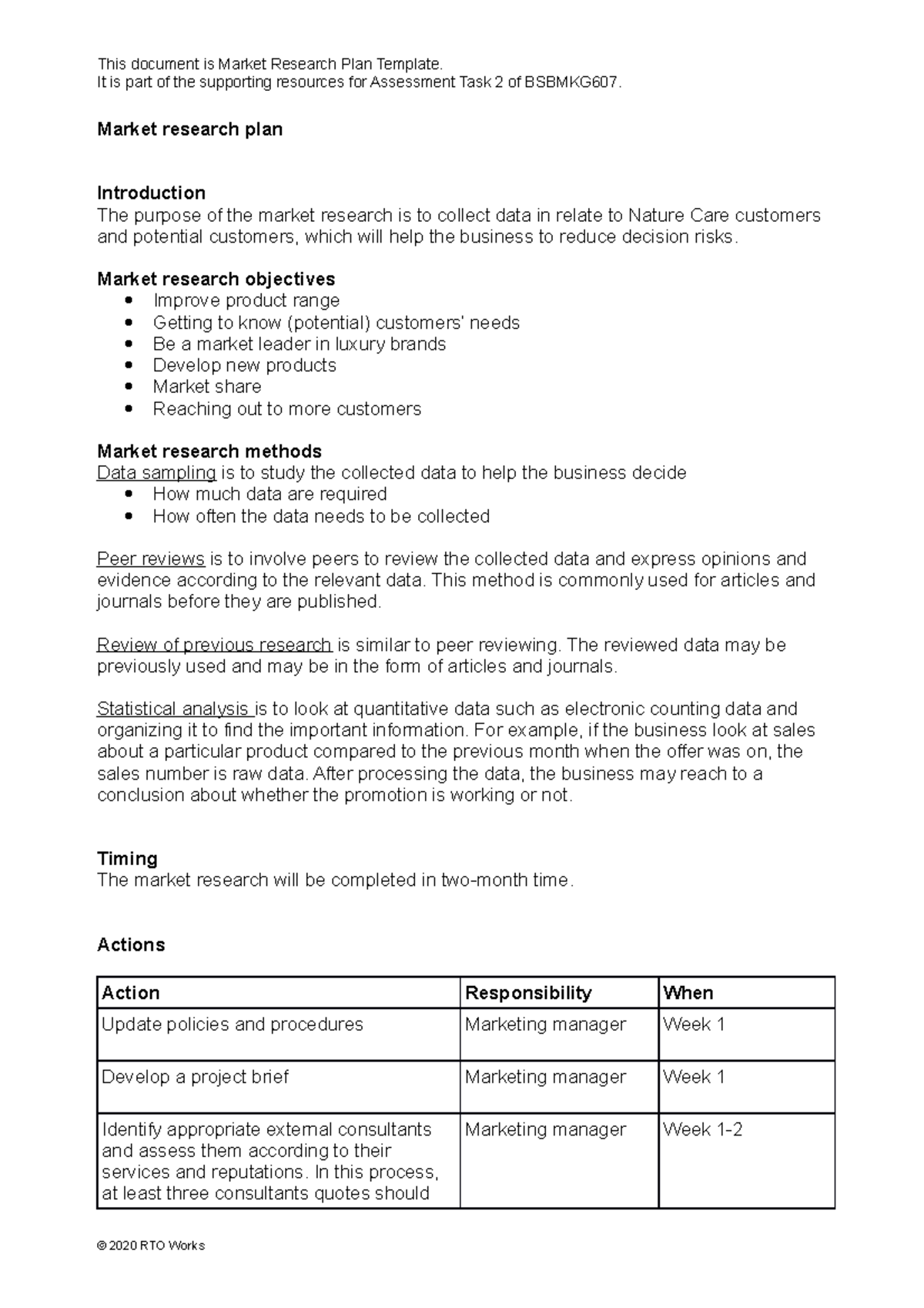 Bsbmkg 607 AT2 Market Research Plan Template, - This document is Market ...