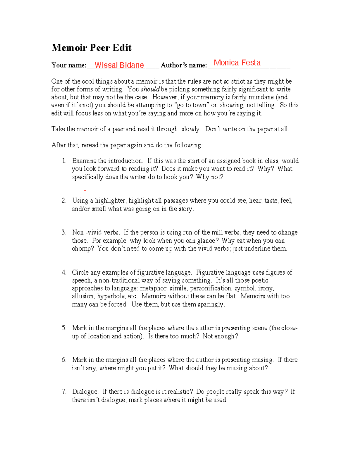 9 - Memoir Peer Edit - Memoir Peer Edit Your name ...