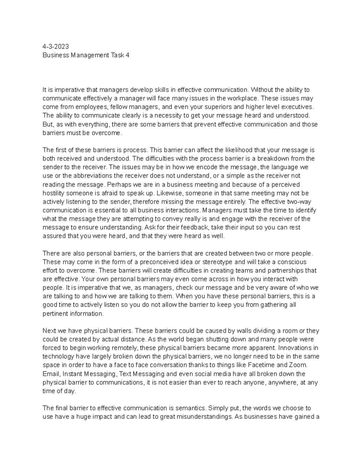 Business Management Task 4 - 4-3- Business Management Task 4 It is ...