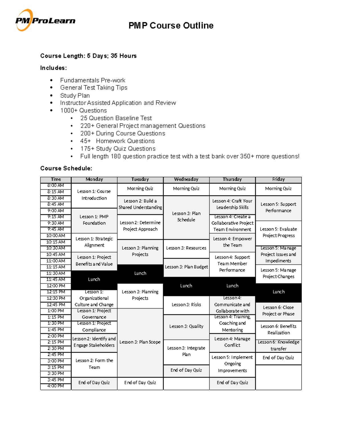 PMP Course Outline - Course Length: 5 Days; 35 Hours Includes ...