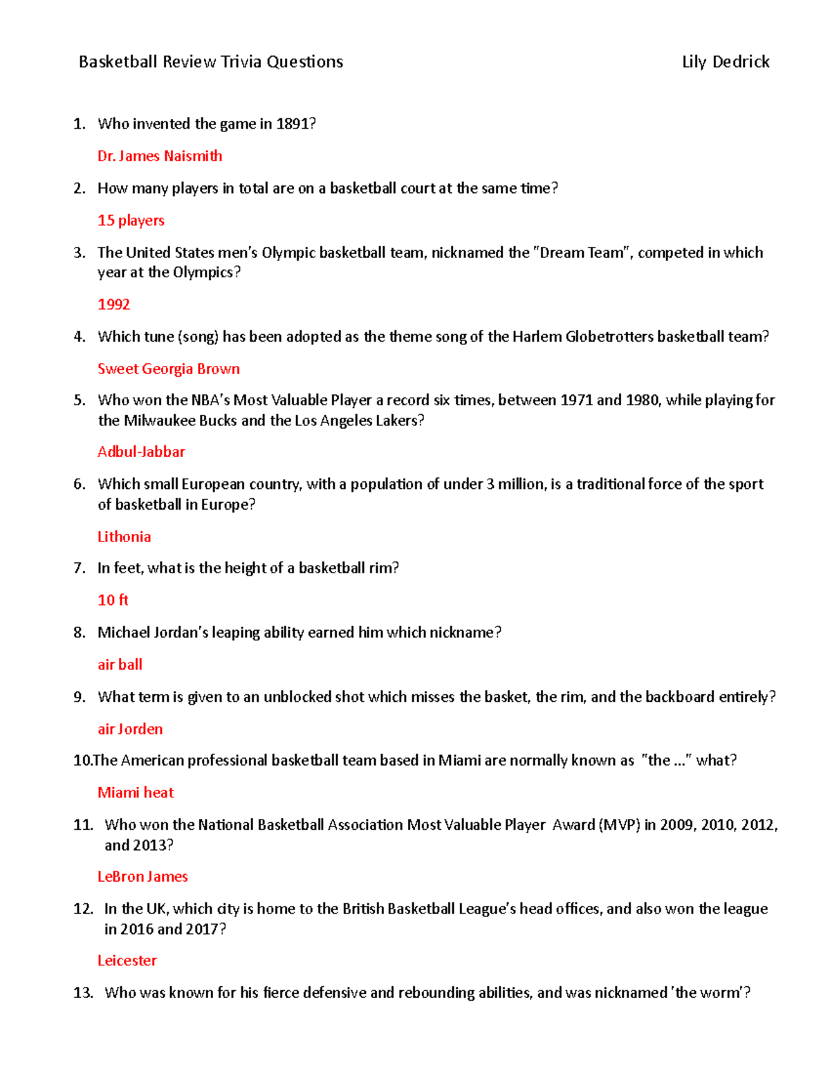 Basketball Review Trivia Questions - James Naismith How many players in ...
