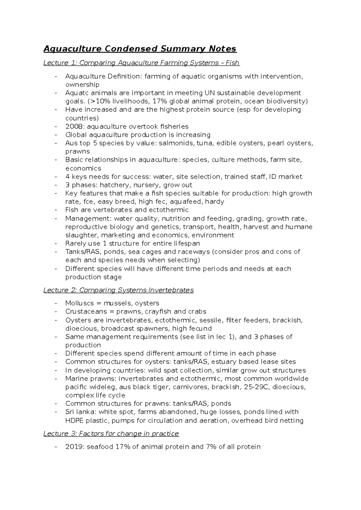 Aquaculture Condensed Summary Notes - Aquaculture Condensed Summary ...