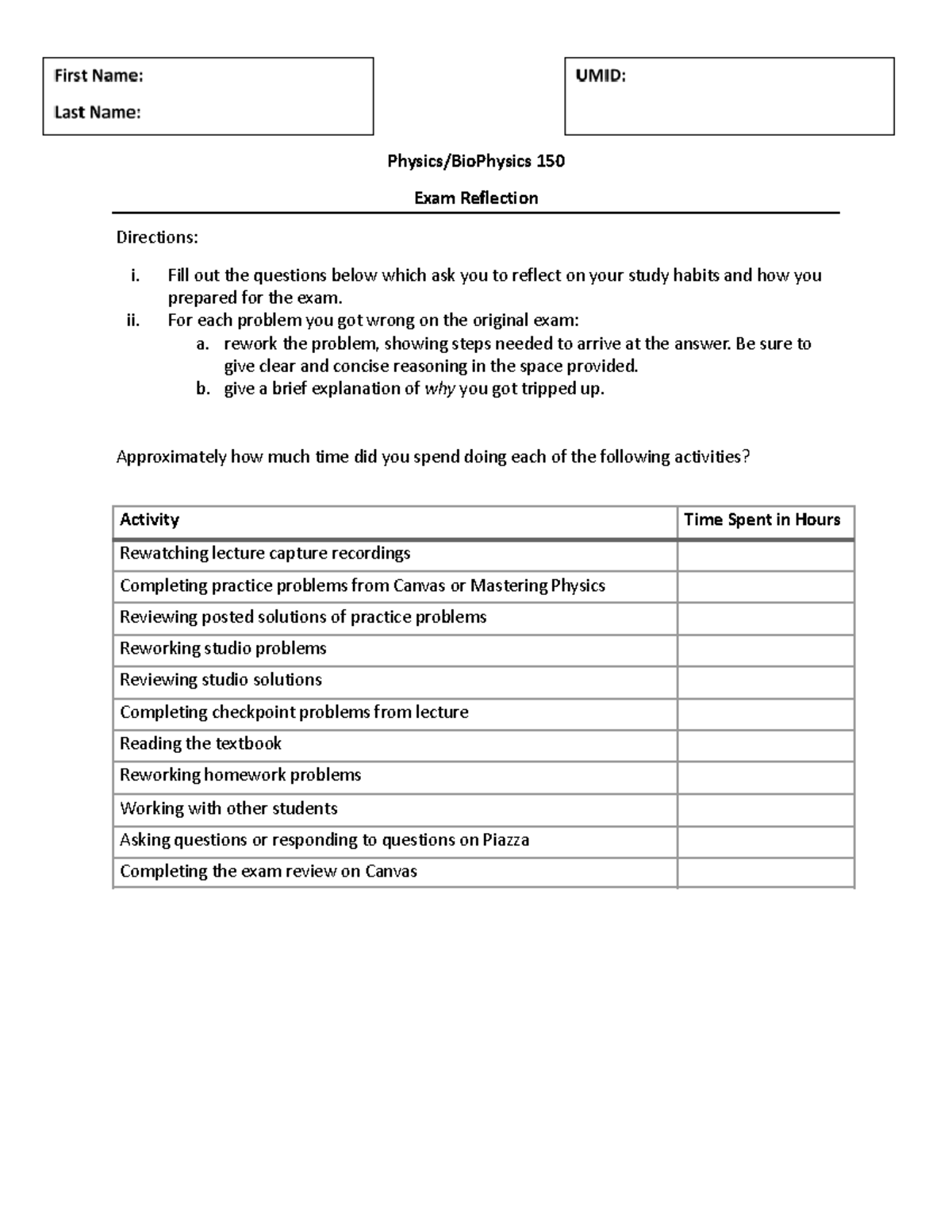 Exam Reflection Template - Physics/BioPhysics 150 Exam Reflection ...