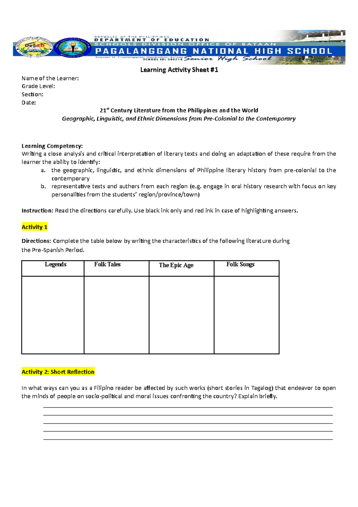 21st Cen Lit LAS1-5 - LAS 1-5 - Learning Activity Sheet Name of the ...