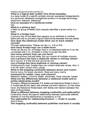 Database management practice questions 14 - a. True b. False ANSWER: True Distributed data ...