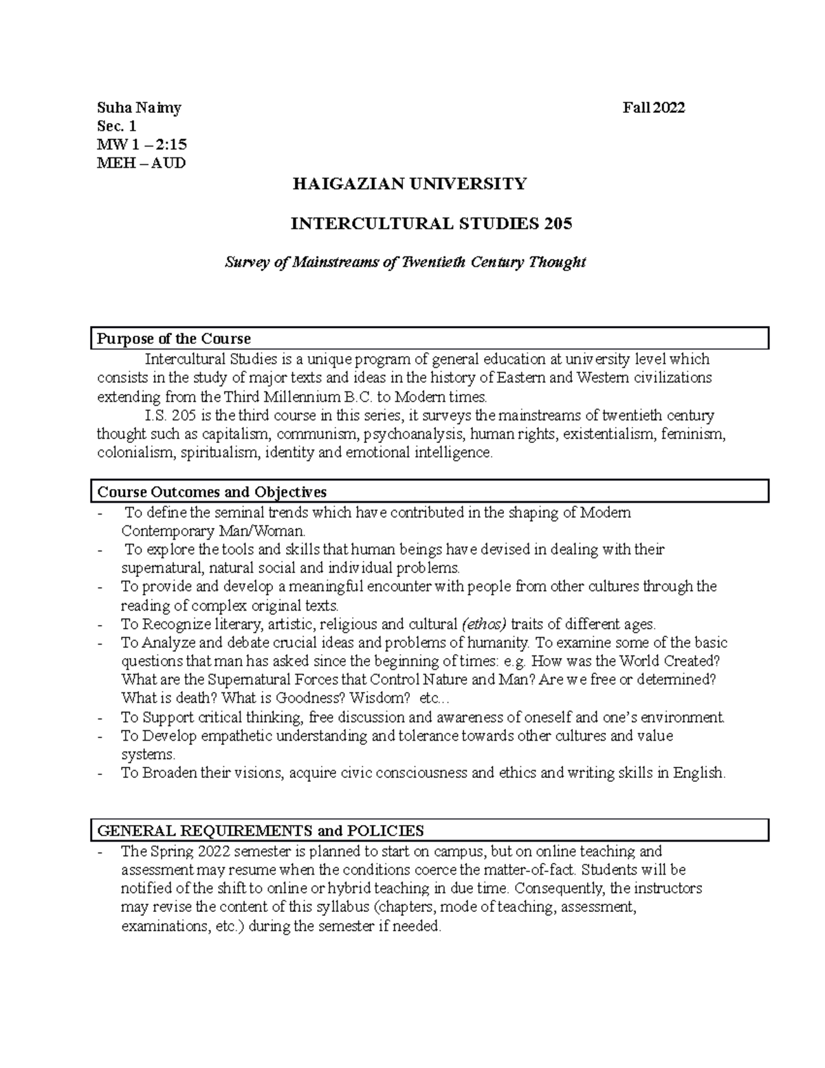 IST 205-SYL.-SP. 22-Suha Naimy - Suha Naimy Fall 2022 Sec. 1 MW 1 – 2: MEH – AUD HAIGAZIAN - Studocu
