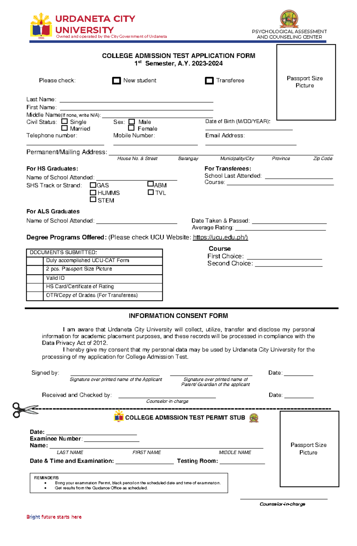 UCU-CAT Application FORM 1st sem 2023-2024-1 - URDANETA CITY UNIVERSITY ...
