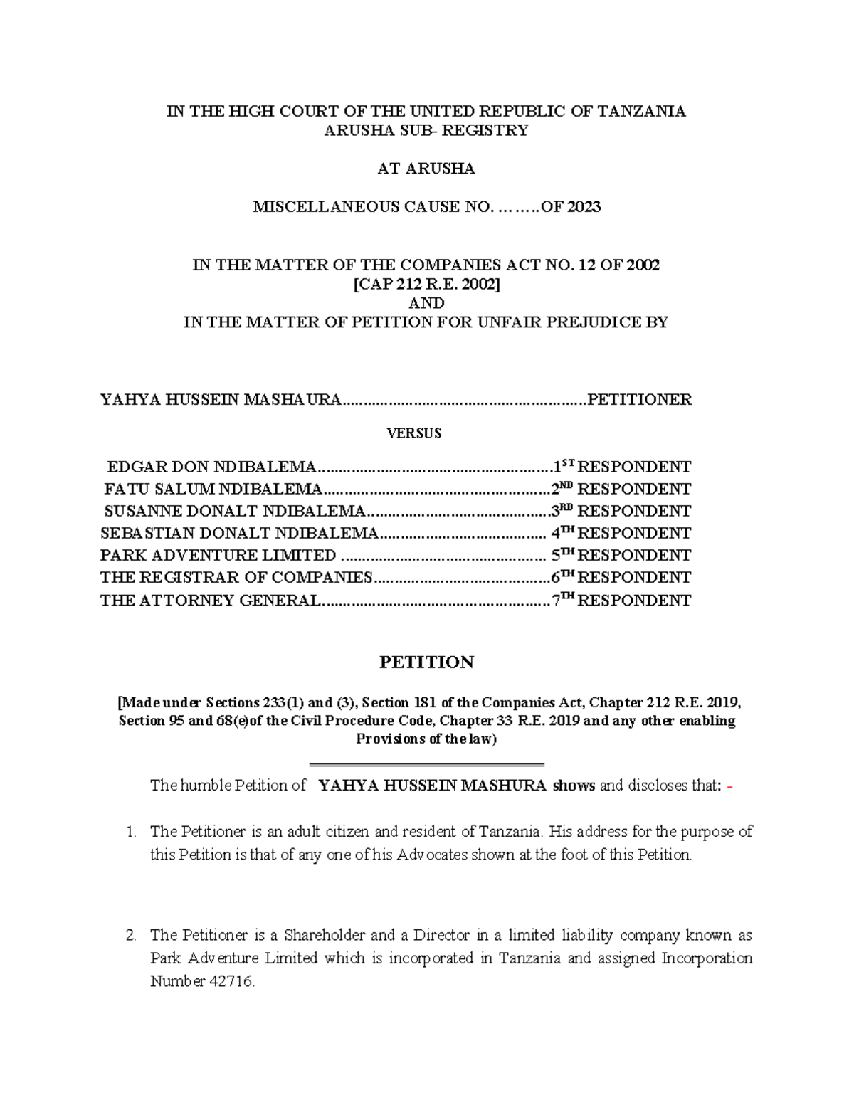 Petition for Unfair Prejudice Yahya - IN THE HIGH COURT OF THE UNITED ...