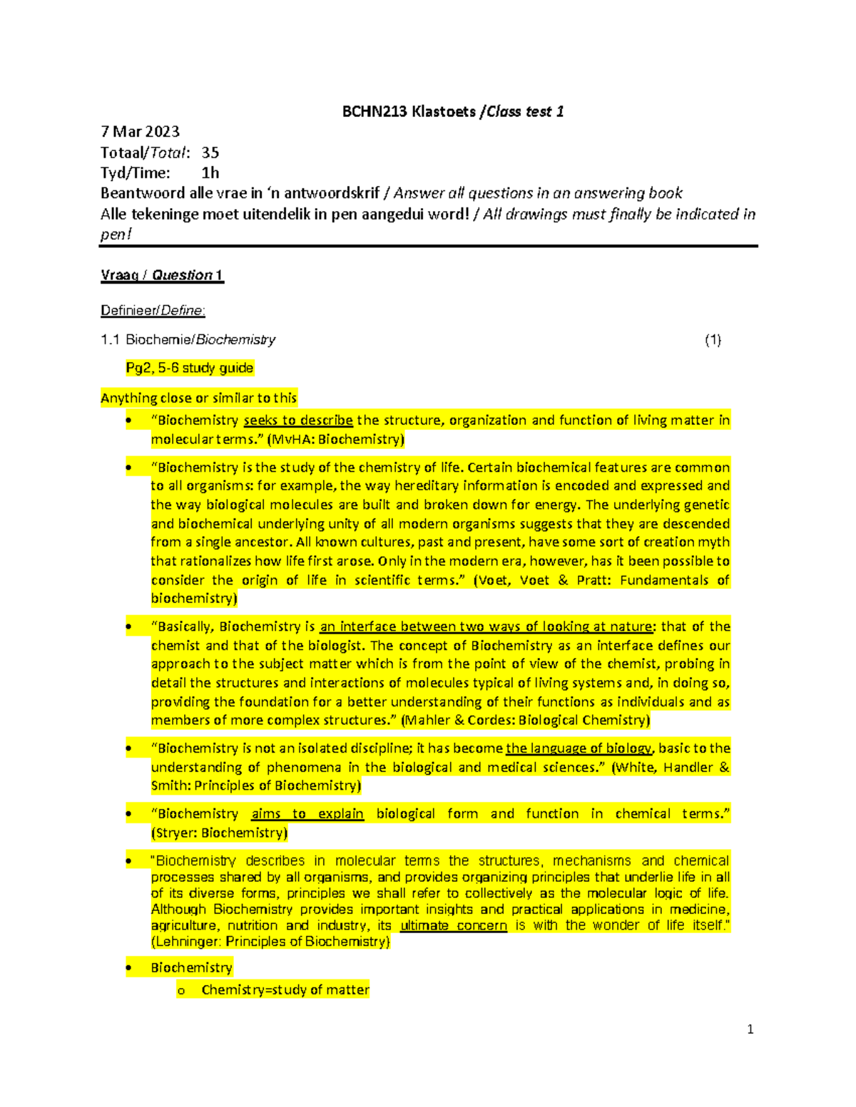 BCHN 213 2023 T1memo - BIOCHEM - BCHN213 Klastoets /Class test 1 7 Mar ...
