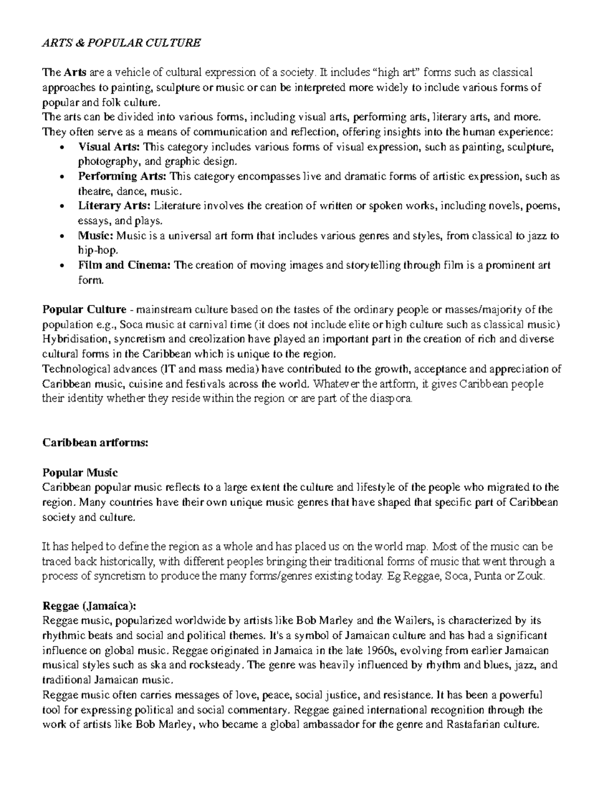 Arts & Pop Culture - Music - ARTS & POPULAR CULTURE The Arts are a ...