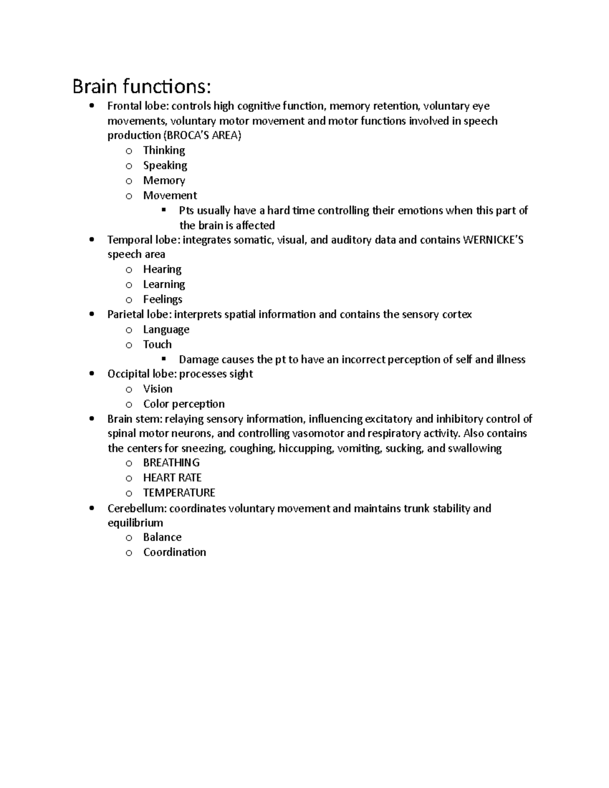 Stroke notes - Brain functions: Frontal lobe: controls high cognitive ...