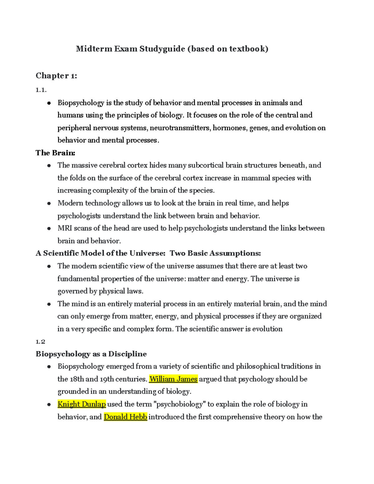 Midterm Study Guide - Summary Intro To Psychology - Midterm Exam Studyguide (based on textbook ...