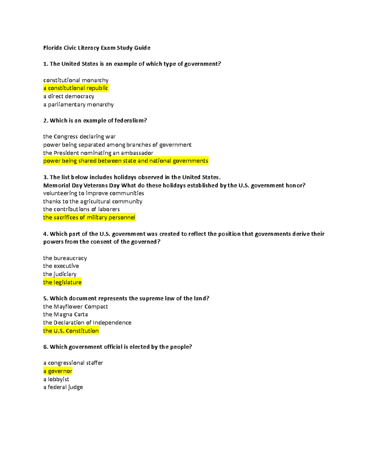 Florida Civic Literacy Exam Study Guide - Memorial Day Veterans Day ...