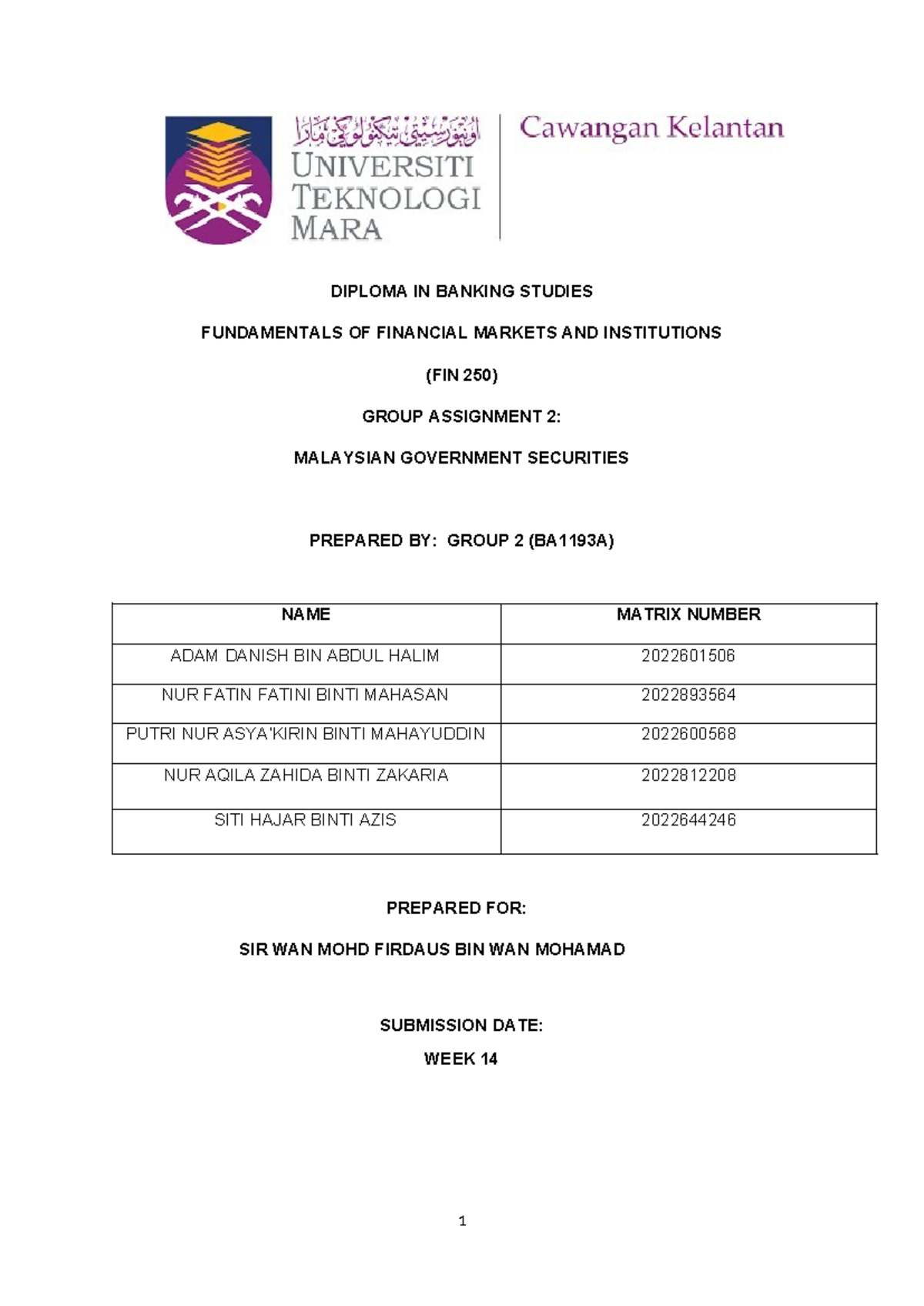 FIN250 - Group 2 - DIPLOMA IN BANKING STUDIES FUNDAMENTALS OF FINANCIAL ...