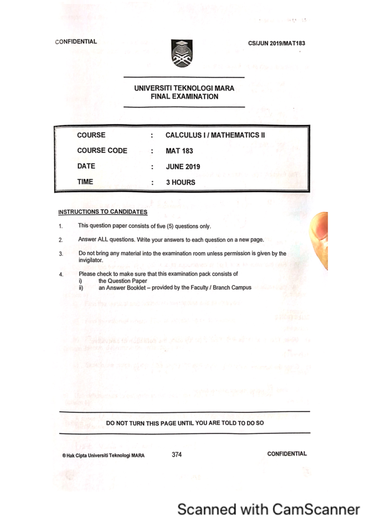 MAT183 Final June 2019 - Past year - Calculus - Studocu