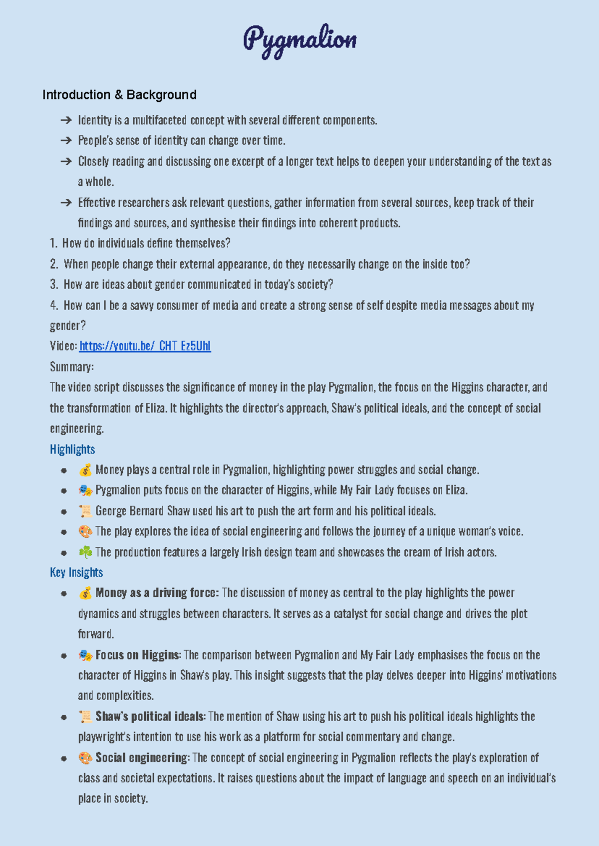 Pygmalion - Pygmalio Introduction & Background Identity is a ...