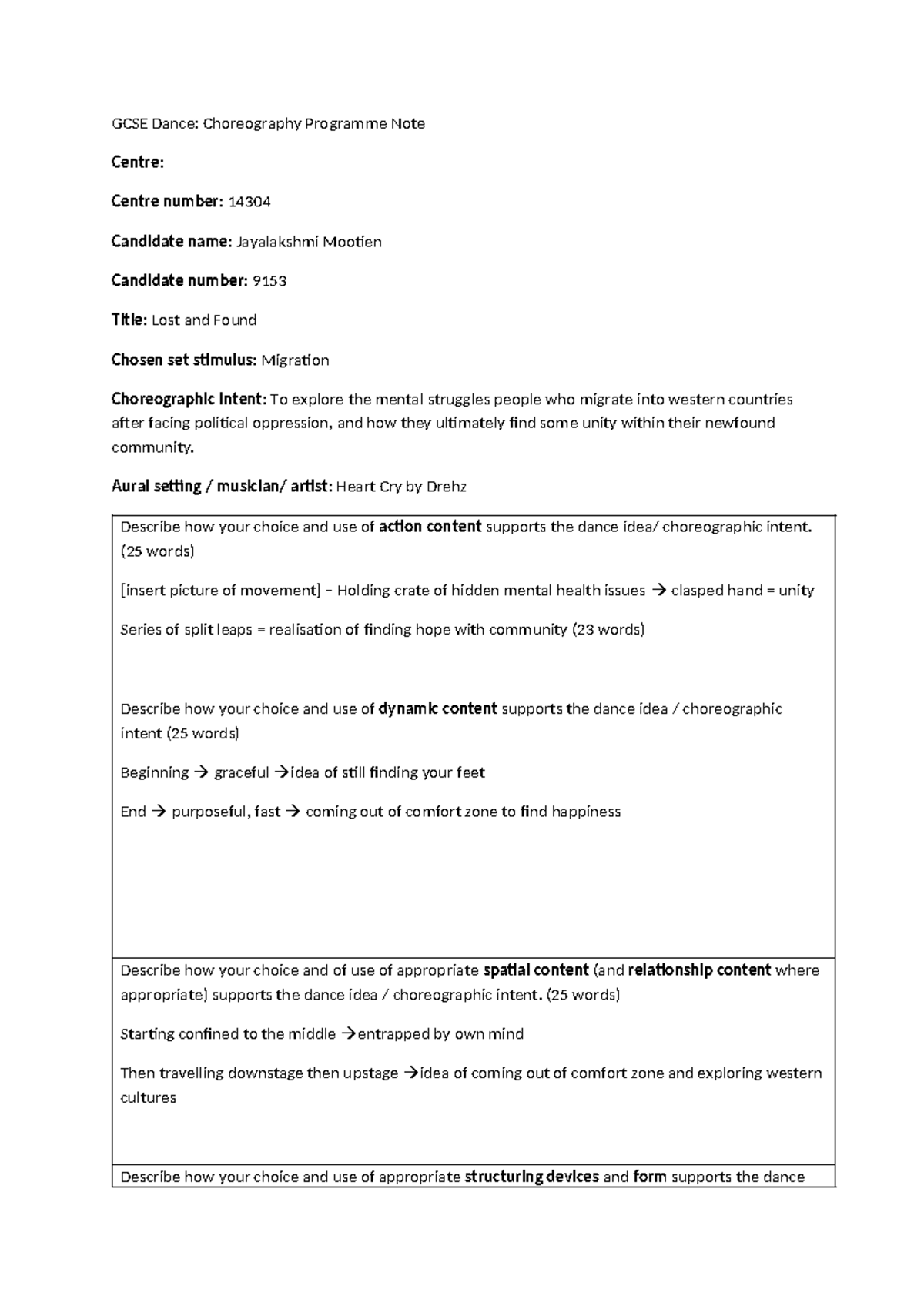 Choreography Programme Note Proforma 2022 - GCSE Dance: Choreography ...