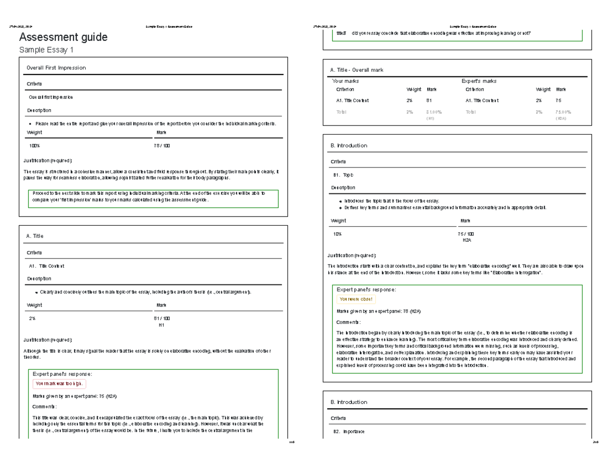Sample Essay 1 Assessment Guide - Assessment guide Sample Essay 1 ...