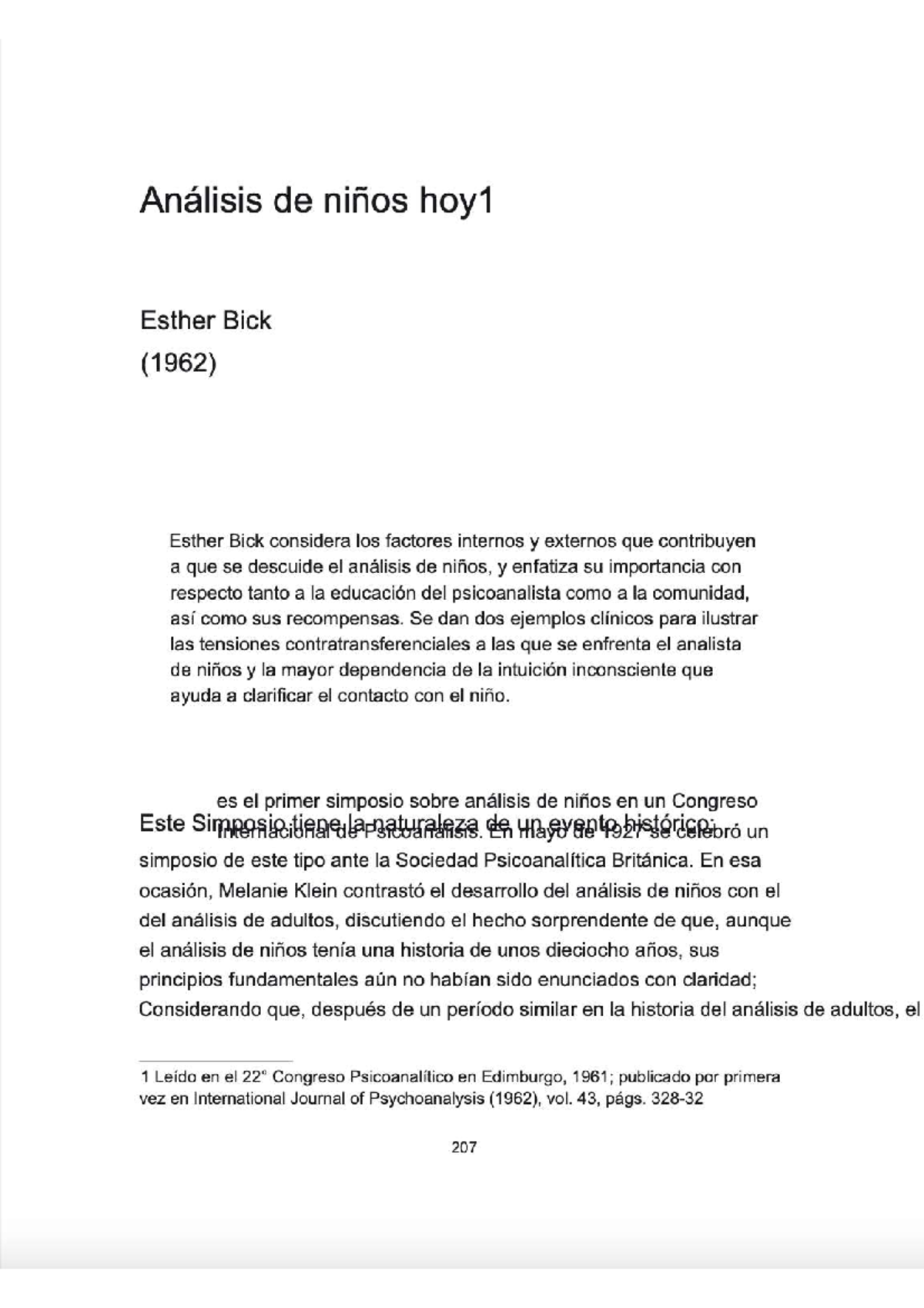 Bick,Esther(1962).Traducción.Análisisdeniñoshoy.Enelmodelo Tavistock ...