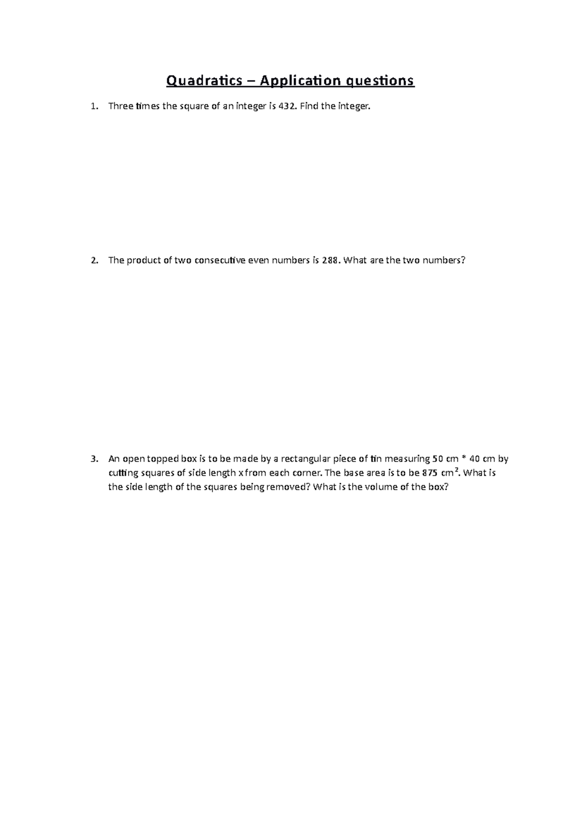 Quadratics Application Questions - Quadratics – Application questions ...