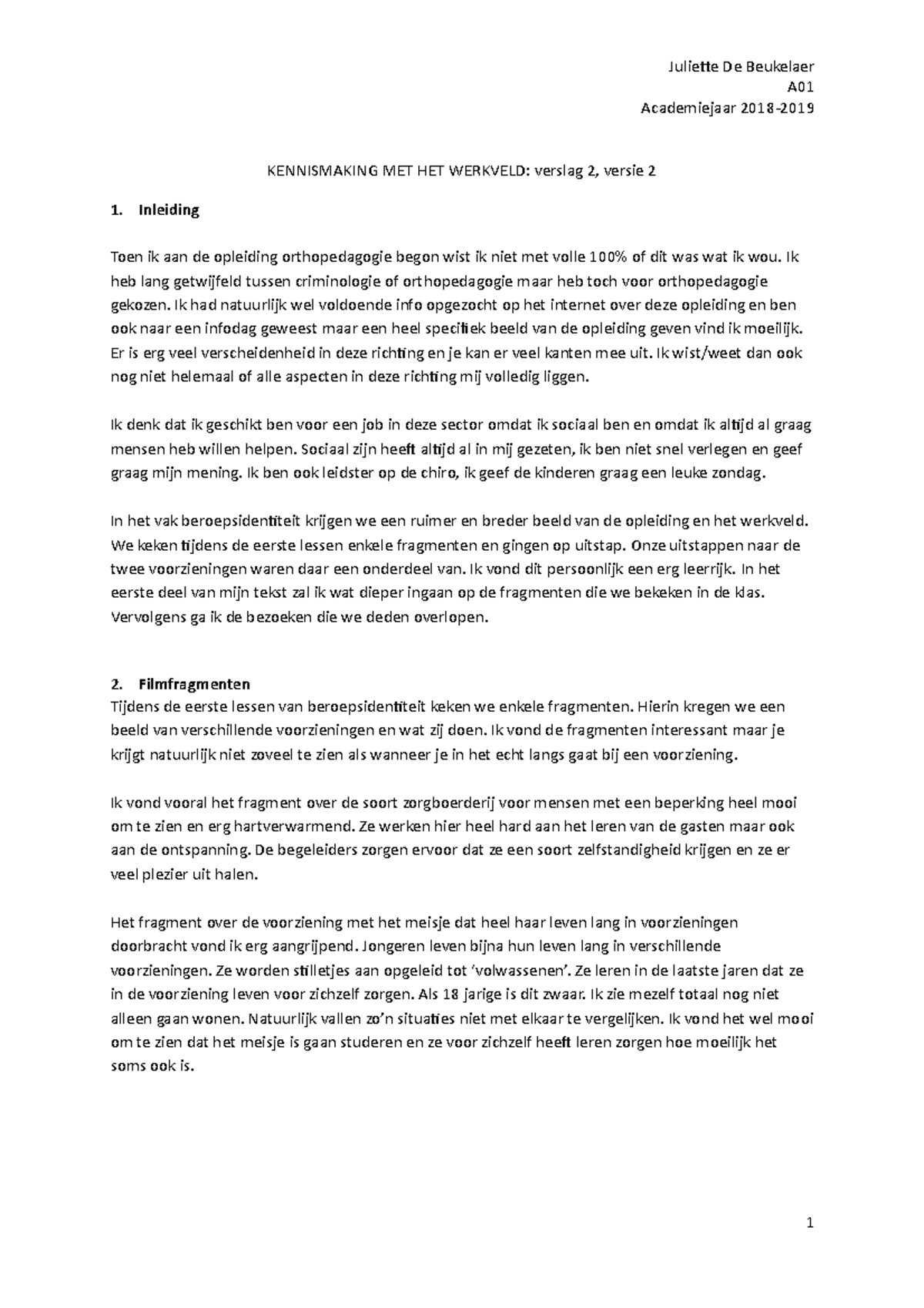 Kennismaking werkveld versie 2 - Juliette De Beukelaer A01 Academiejaar ...