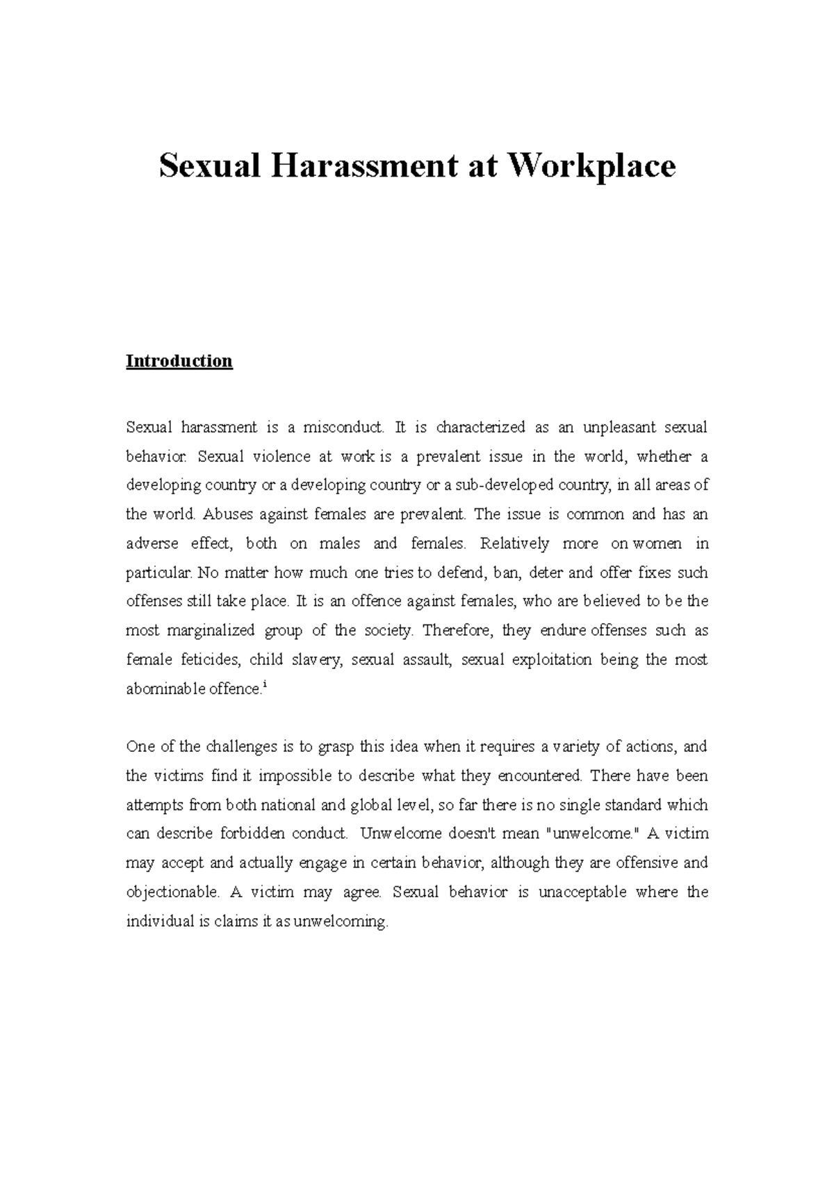 Lm reseasrch paper - gmg - Sexual Harassment at Workplace Introduction ...