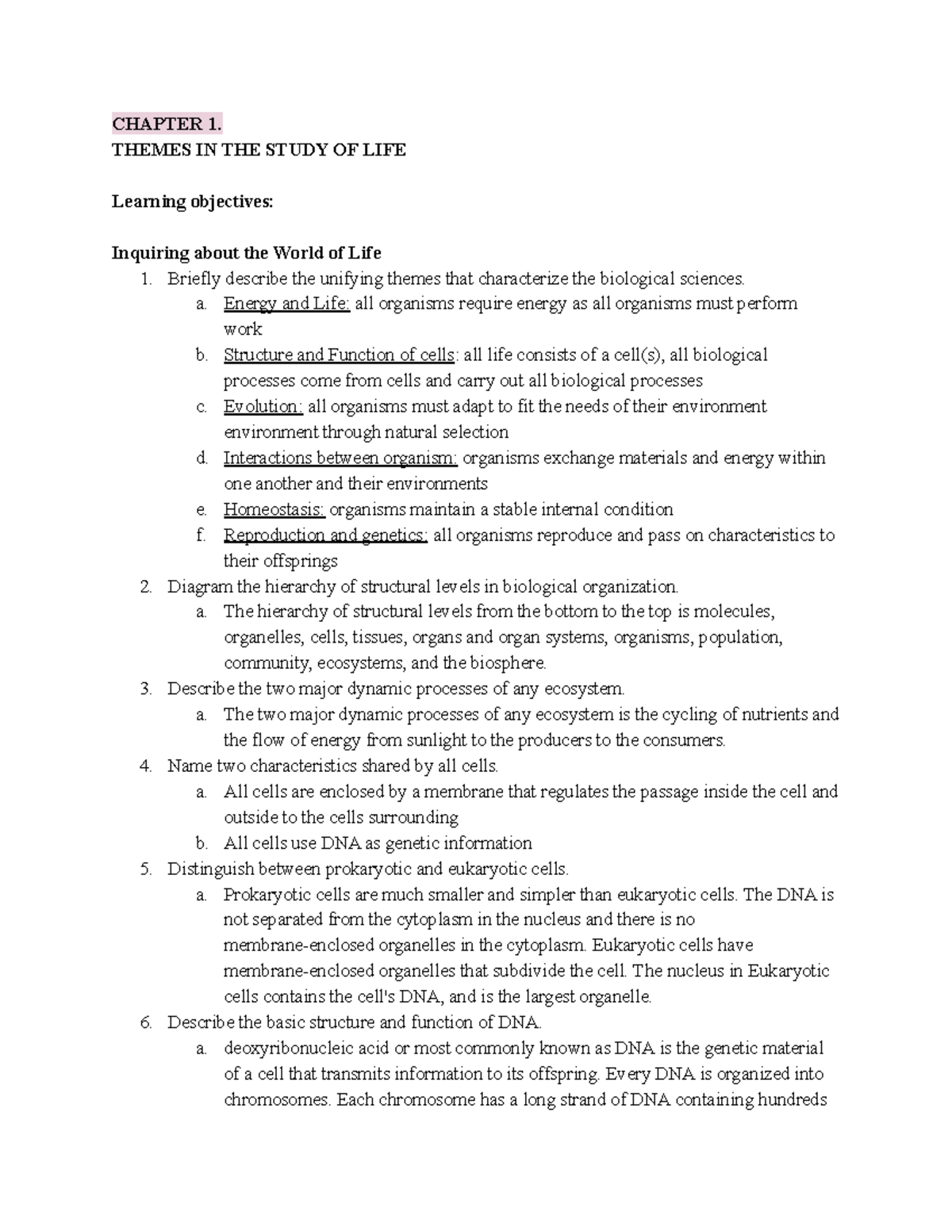 Chapter 1 - Themes in the Study of Life practice material - CHAPTER 1 ...
