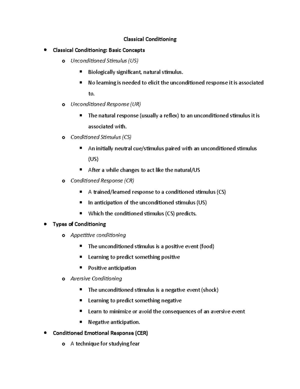 Chapter 4 notes - Classical Conditioning Classical Conditioning: Basic ...