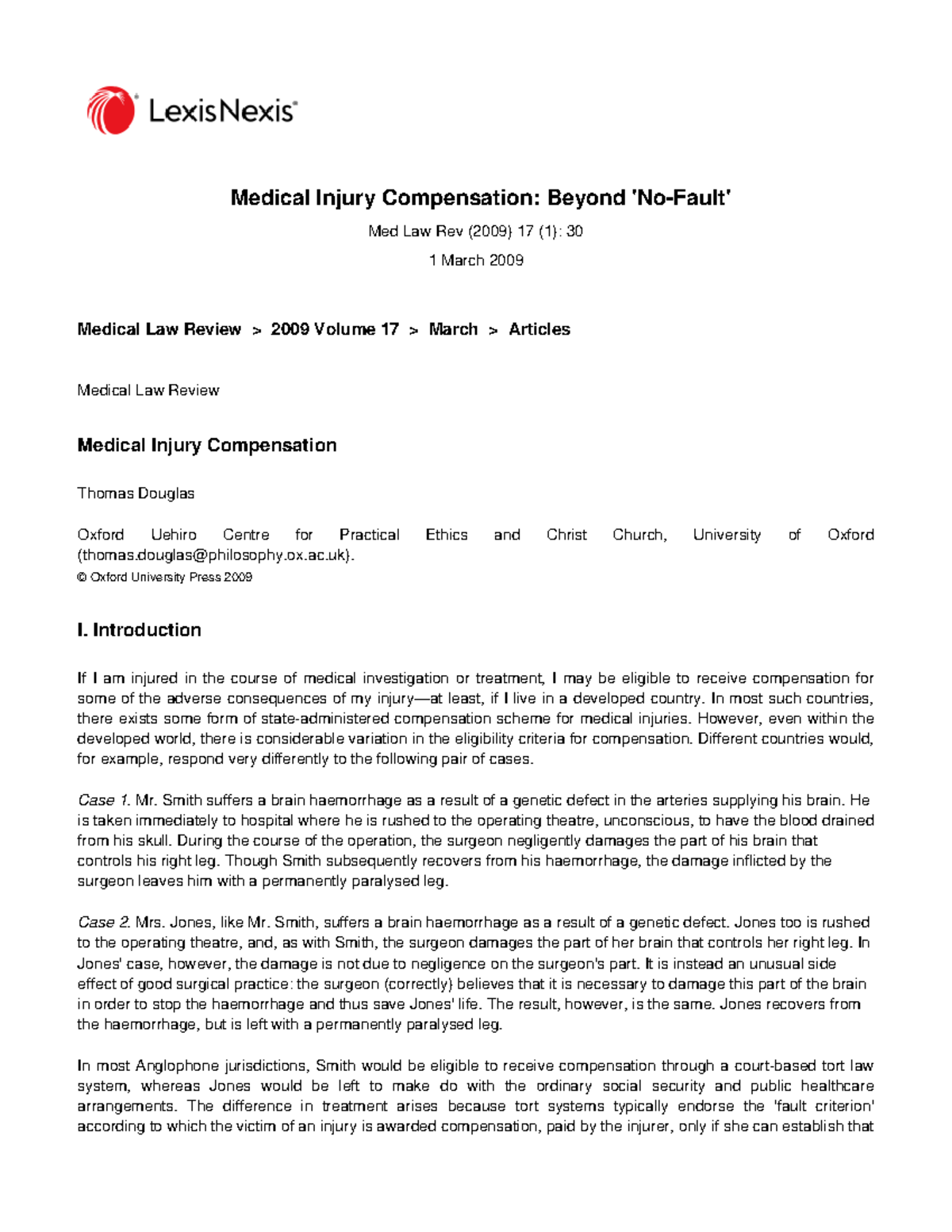 Medical Injury Compensation Beyond 'No-Fault' - Med Law Rev (2009) 17 ...