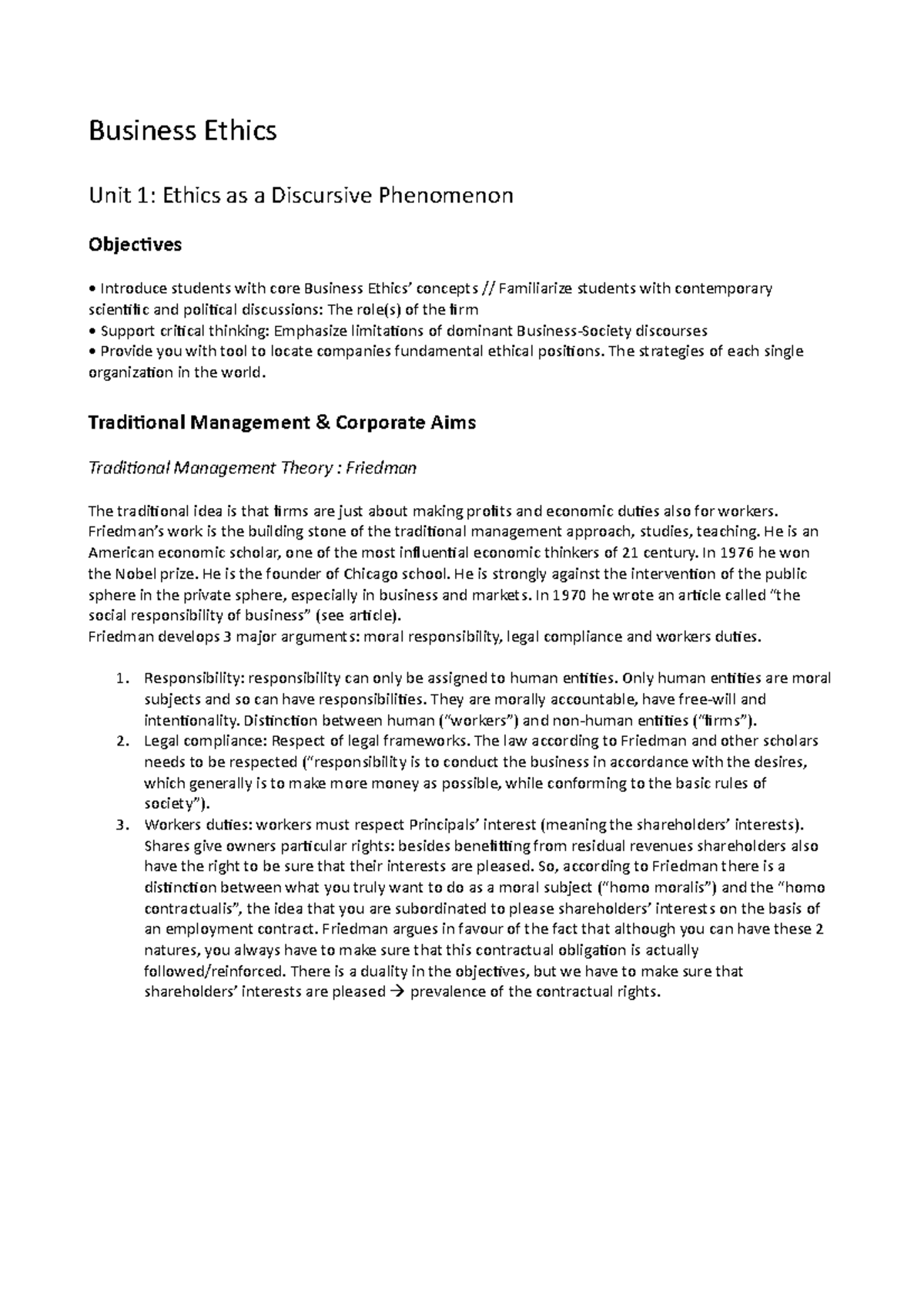 Business Ethics unità numero uno - Business Ethics Unit 1: Ethics as a ...