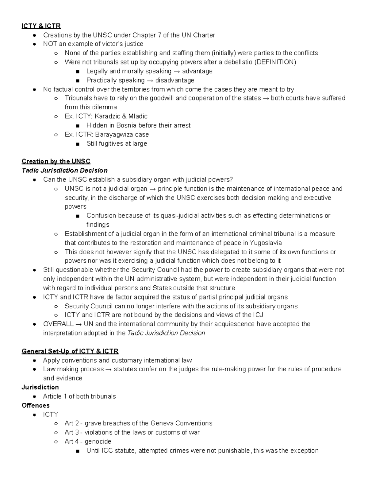 Lecture 2 ICTY & ICTR - ICTY & ICTR Creations by the UNSC under Chapter ...