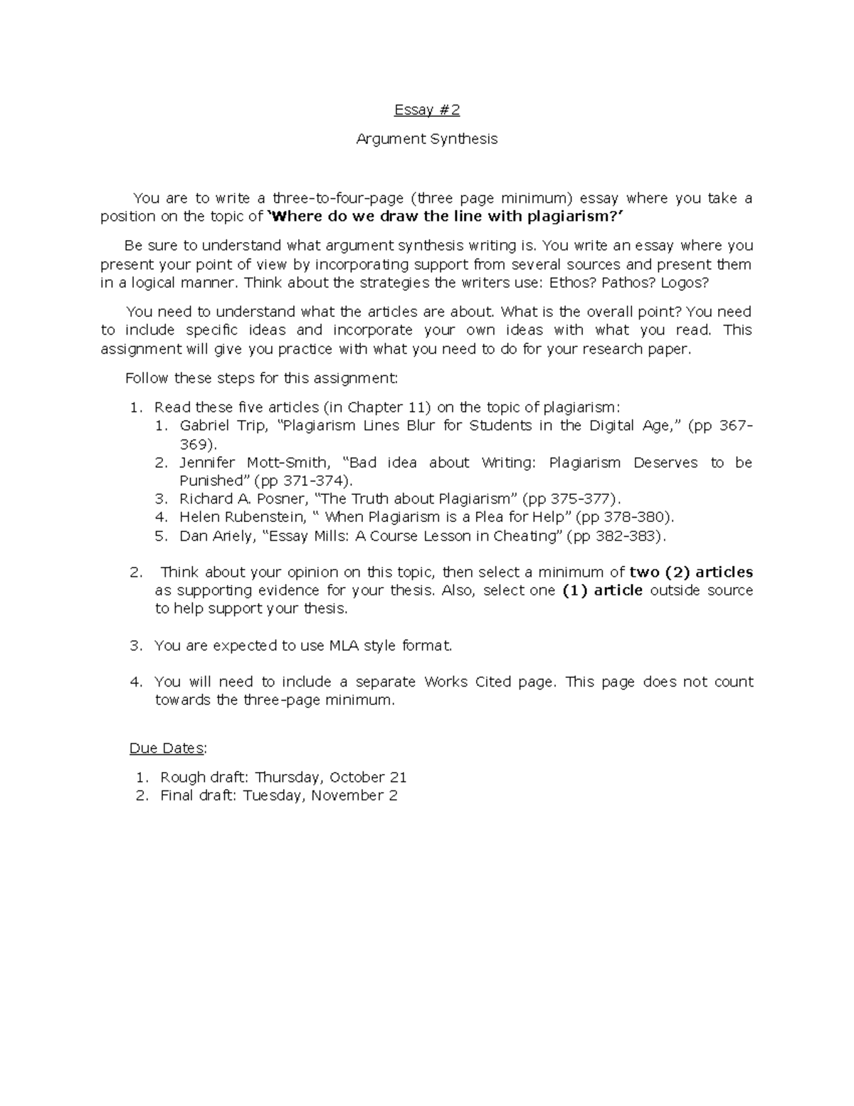 Essay #2 Argument Synthesis TR - Essay # Argument Synthesis You are to ...