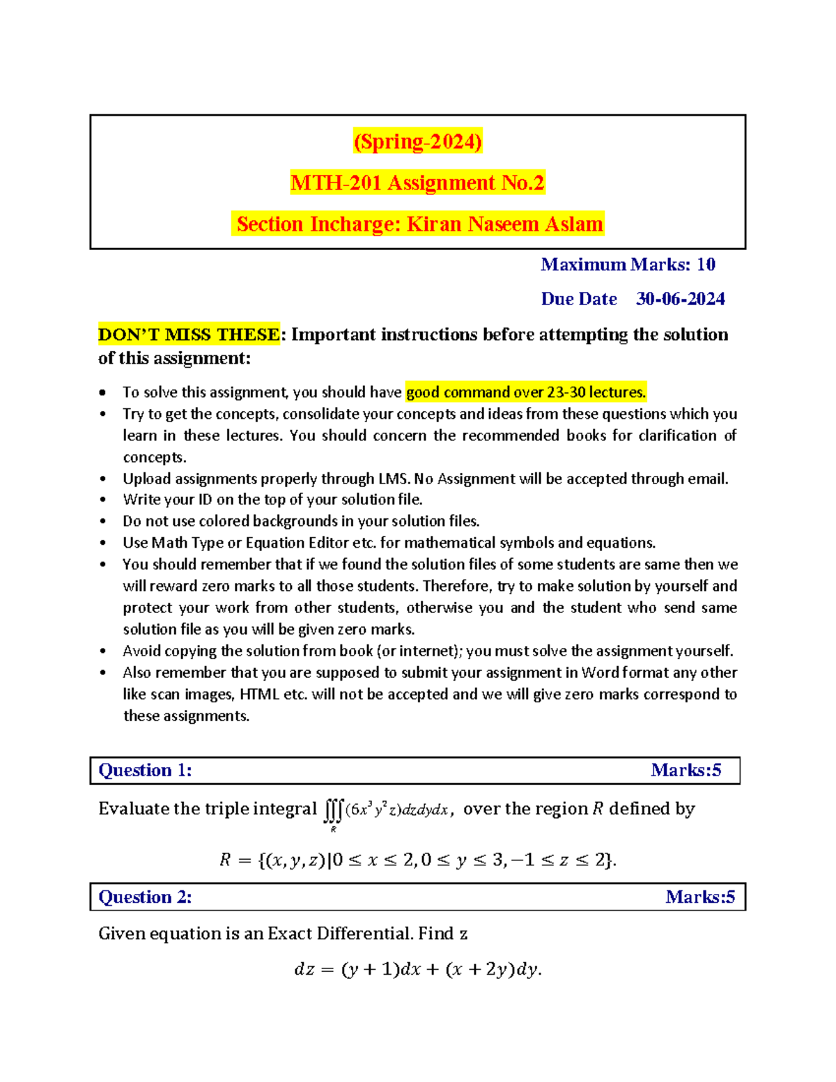 Spring 2024 MTH201 2 - ,.,.,. - (Spring- 2024 ) MTH-201 Assignment No. Section Incharge: Kiran ...