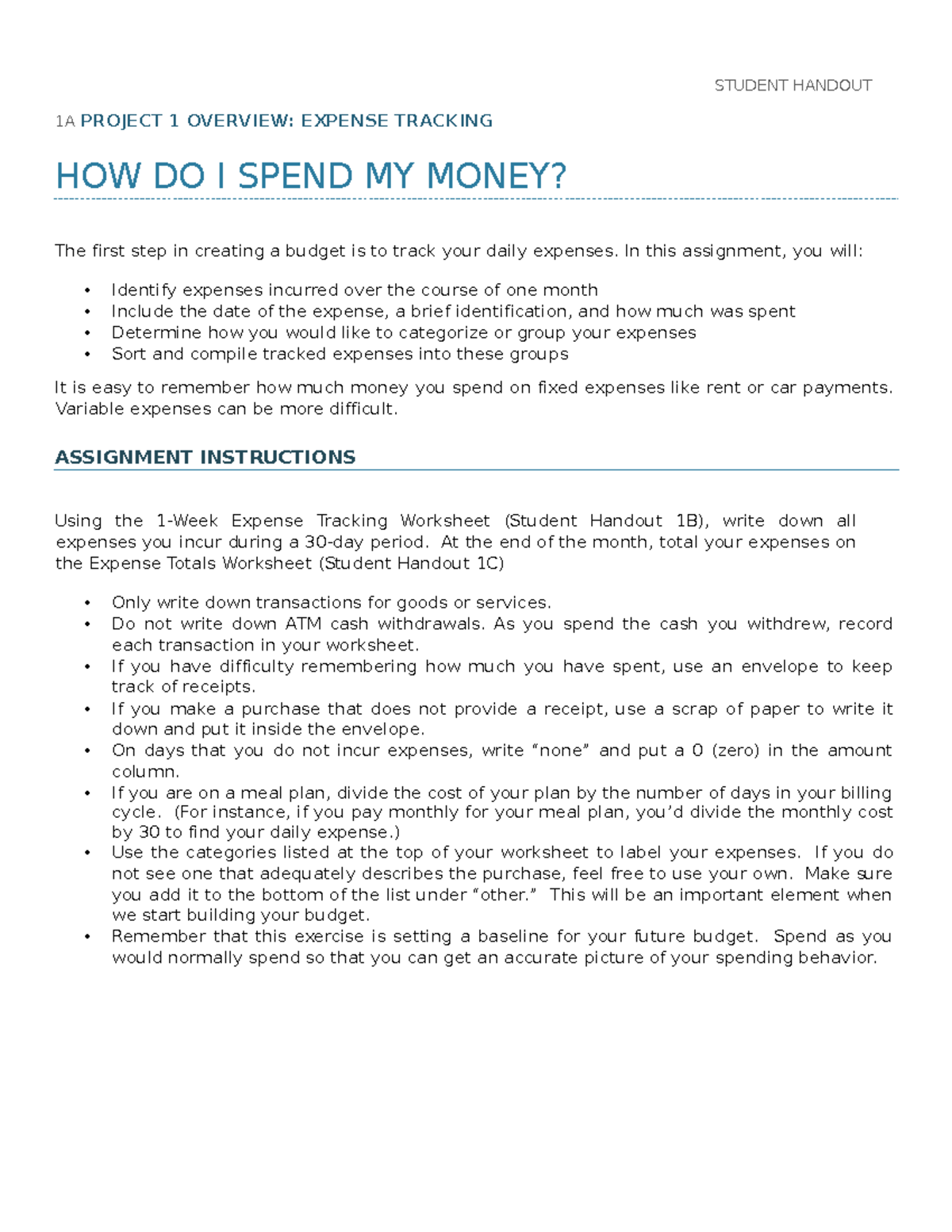 01-expense-tracking (1) week - STUDENT HANDOUT 1A PROJECT 1 OVERVIEW ...