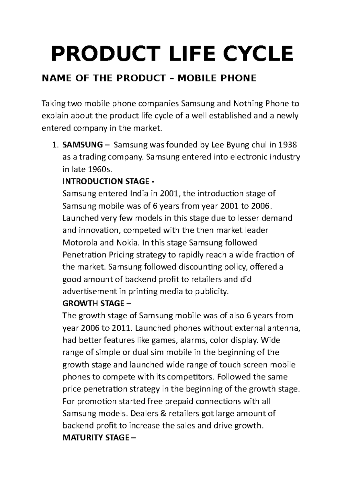 (PLC) - PRODUCT LIFE CYCLE NAME OF THE PRODUCT – MOBILE PHONE Taking ...