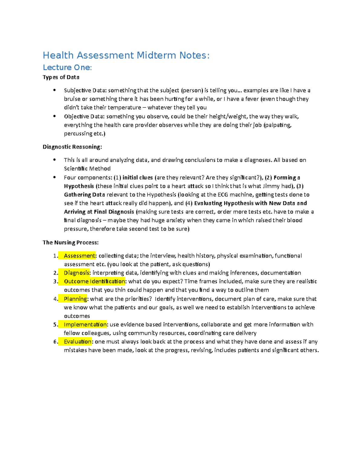 Health Assessment Lecture One Notes - Health Assessment Midterm Notes ...