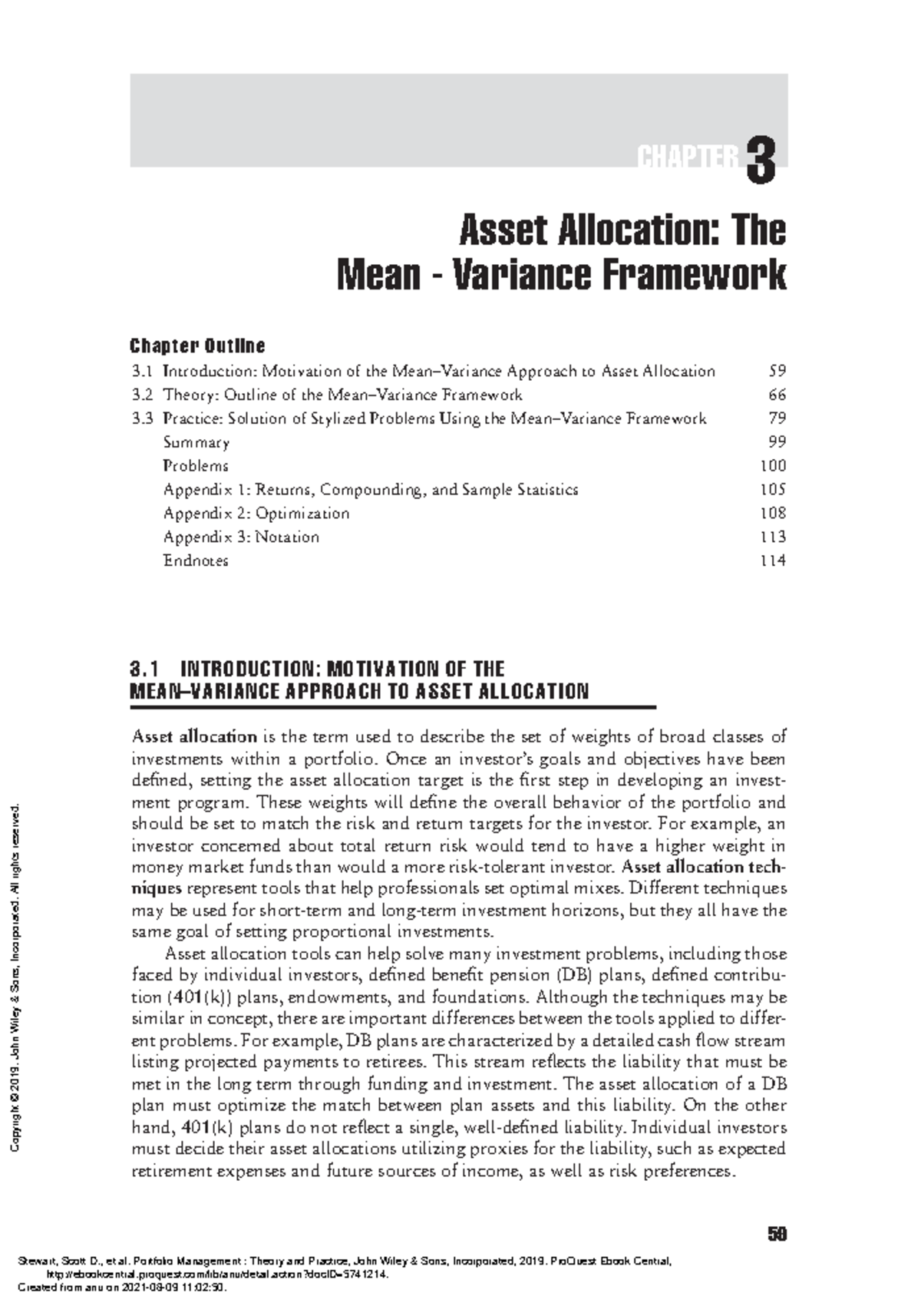 Supplementary 3 - Textbook chapter 3 - CHAPTER 3 Asset Allocation: The Mean - Variance Framework ...