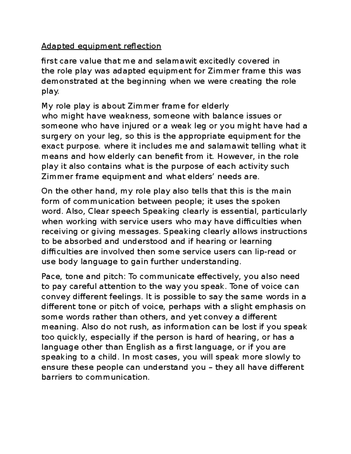 Reflective log -role play adapted equipnment - Adapted equipment ...