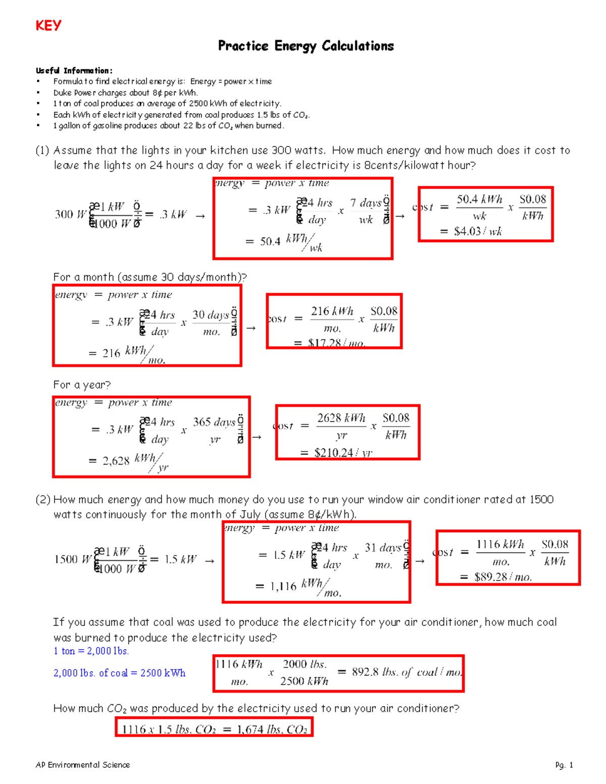 Practice energy calculations key - Practice Energy Calculations ...