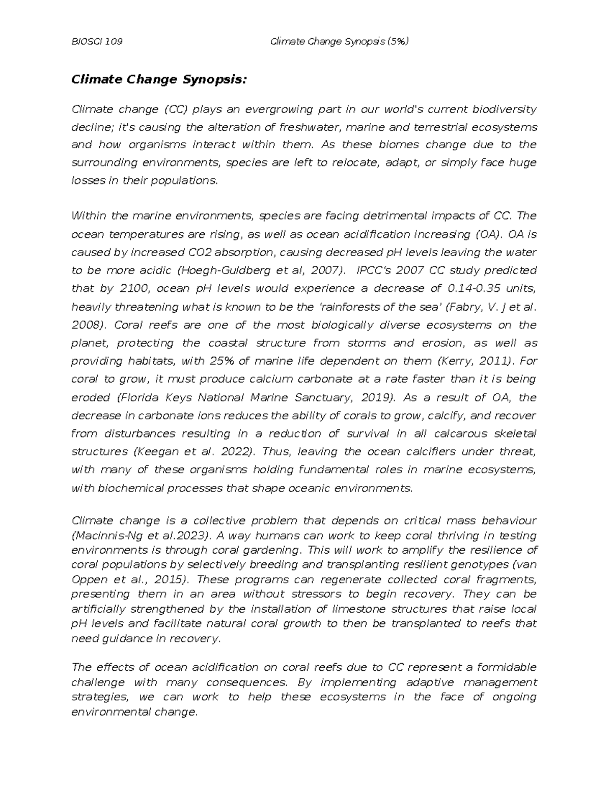 Synopsis 5% - BIOSCI 109 Climate Change Synopsis (5%) Climate Change ...