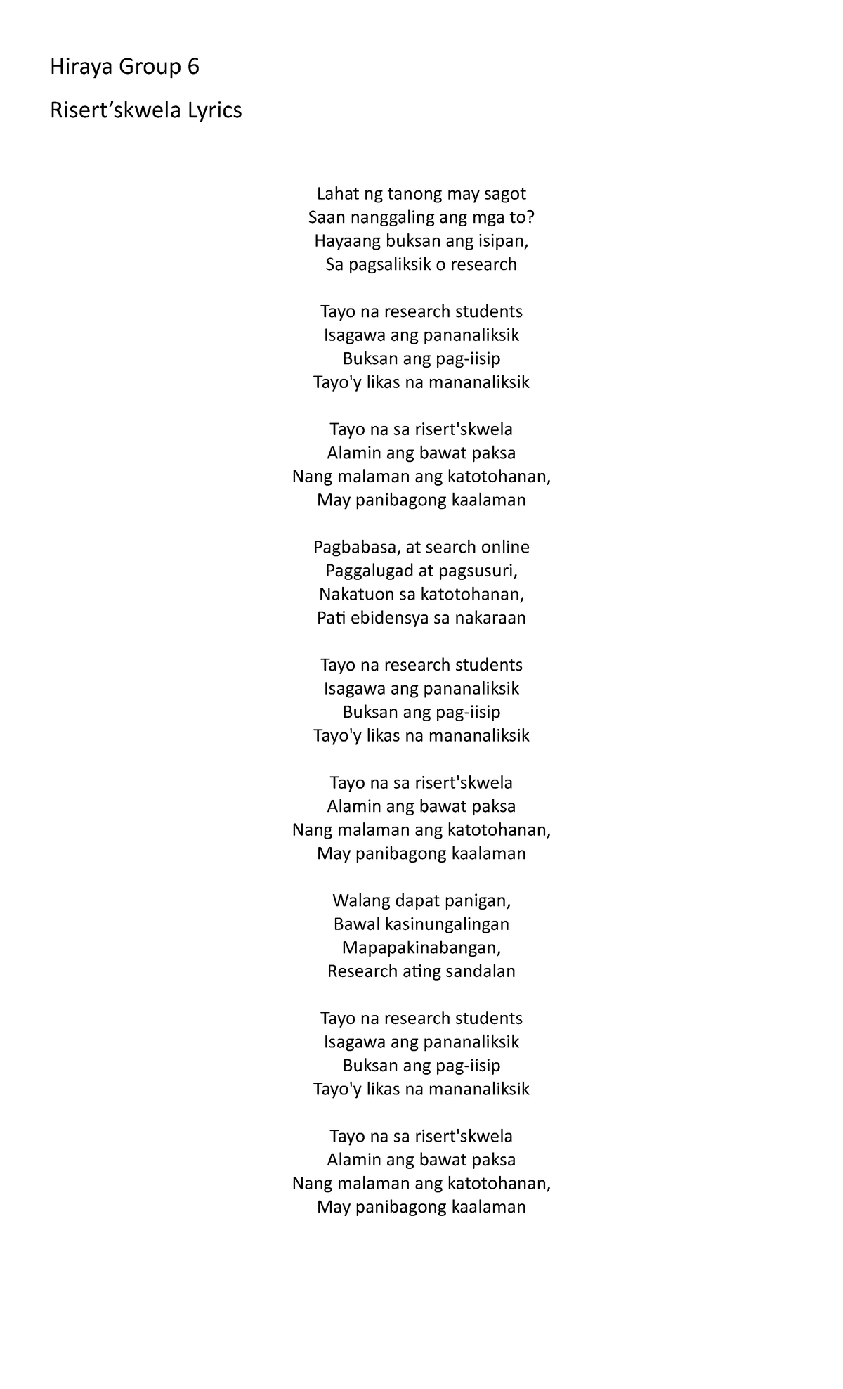 Risert'skwela Hiraya - Hi ha - Hiraya Group 6 Risert’skwela Lyrics ...