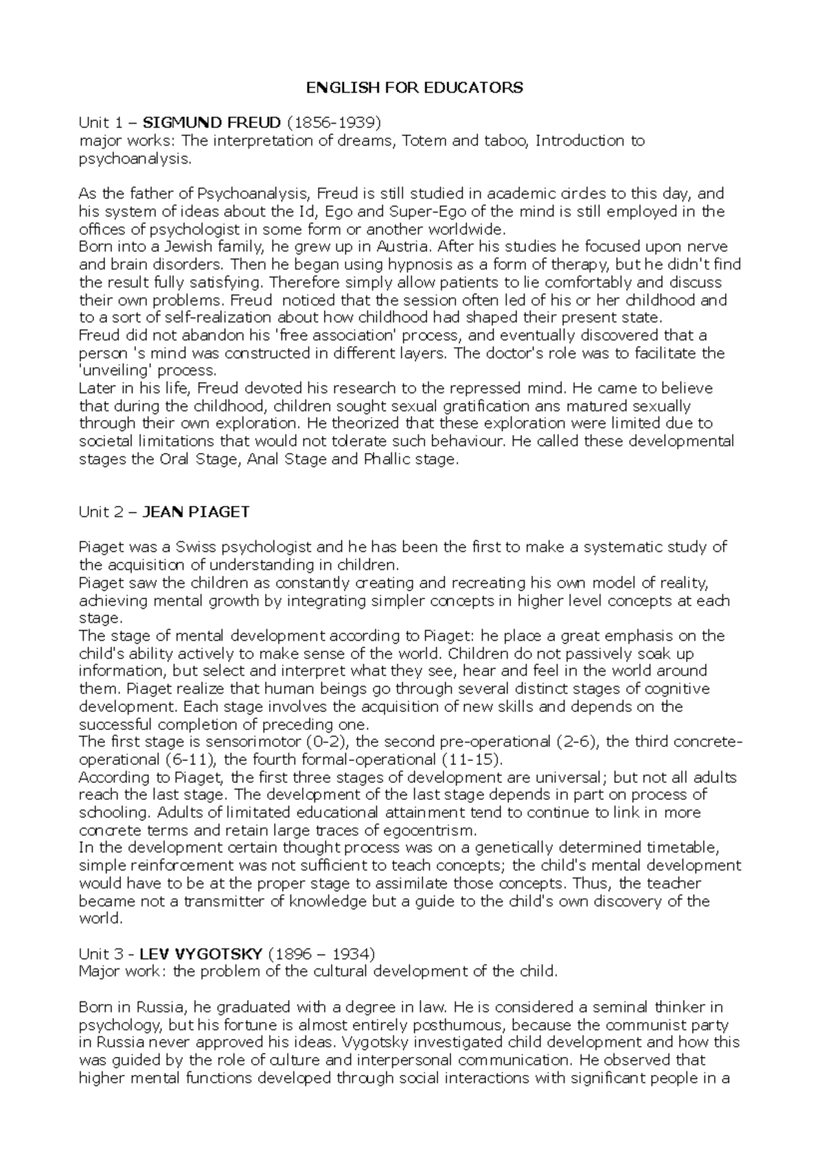 English for educators bio - ENGLISH FOR EDUCATORS Unit 1 – SIGMUND ...