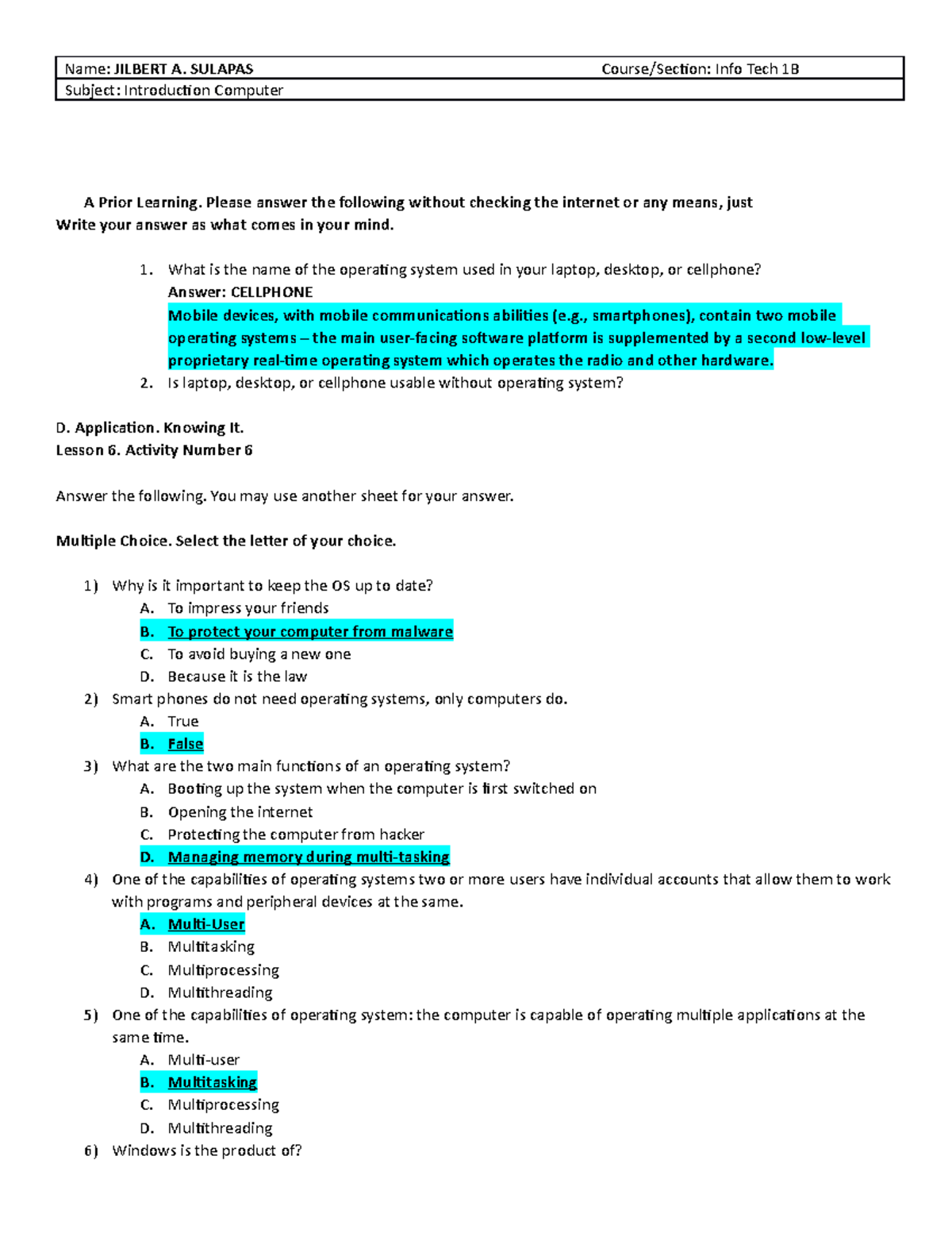 Jilbert - course - Name: JILBERT A. SULAPAS Course/Section: Info Tech ...