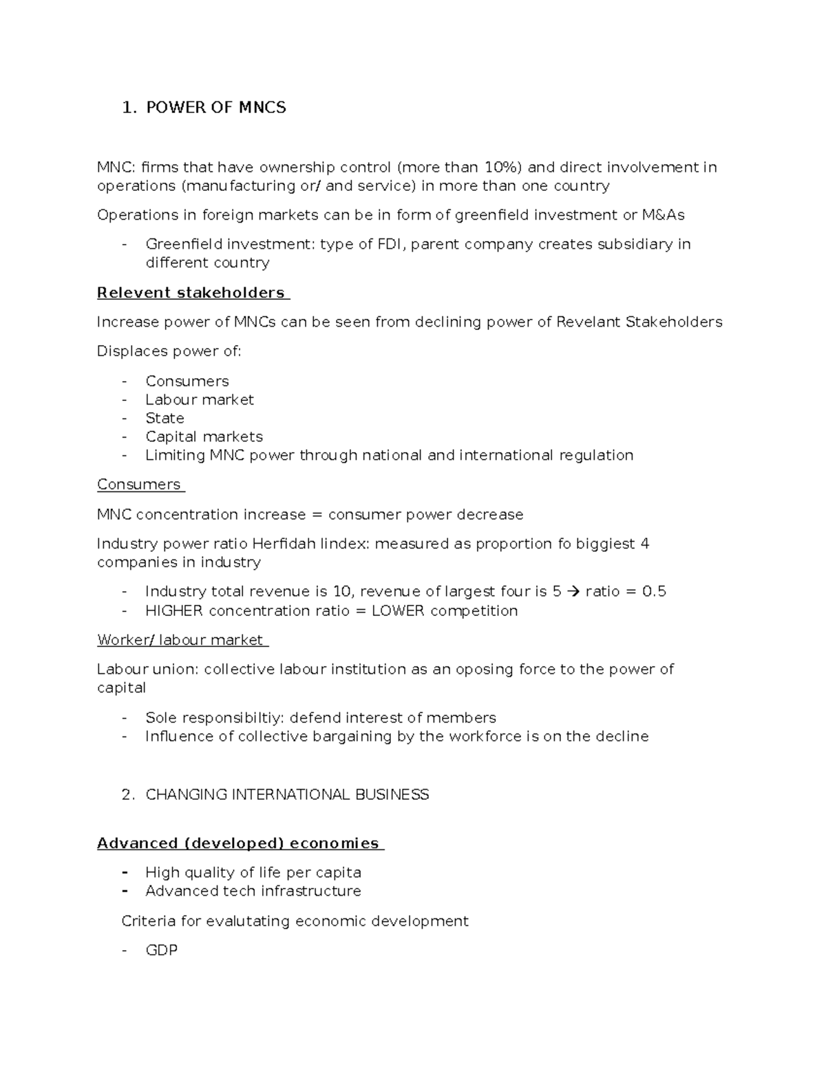 Topics MCQ Revision - 1. POWER OF MNCS MNC: firms that have ownership ...