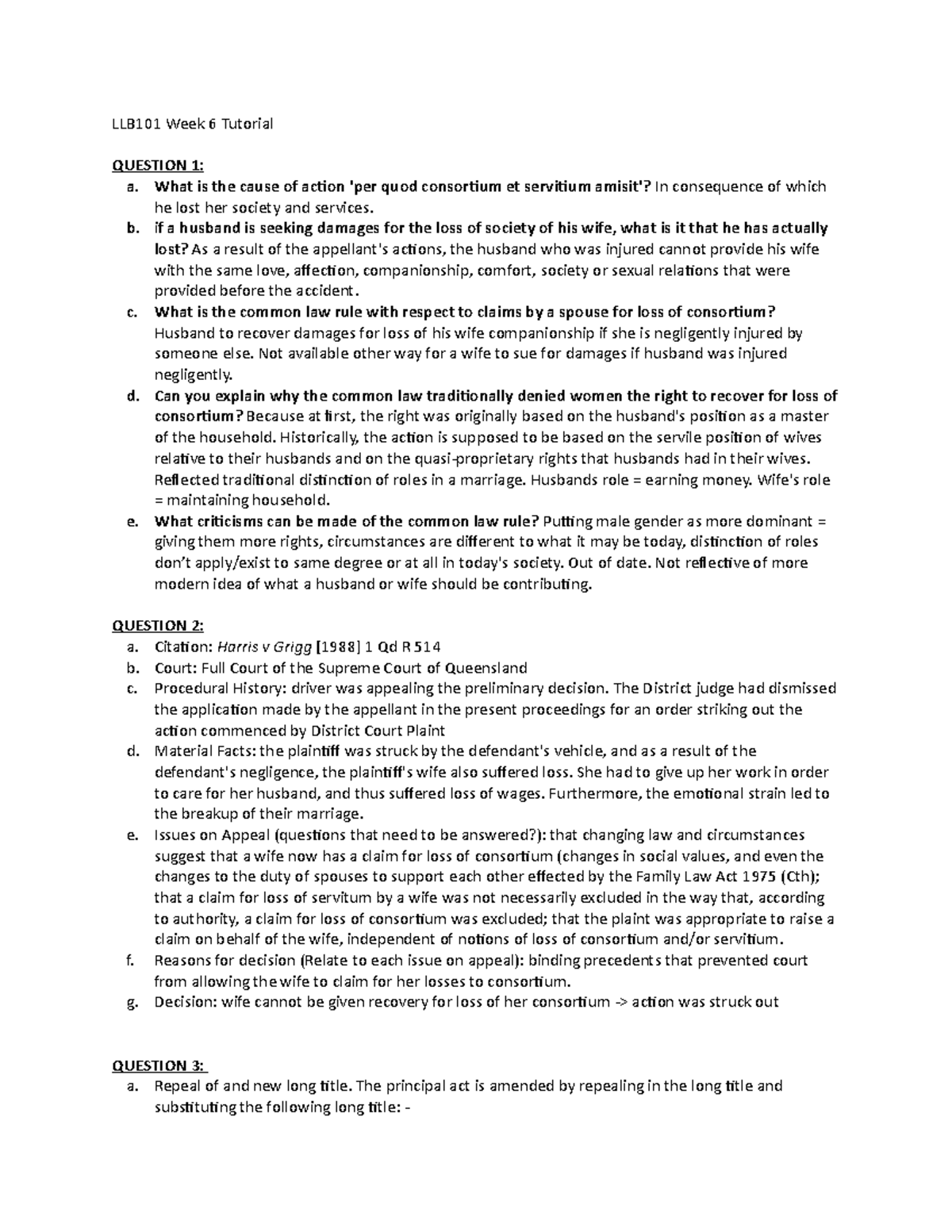 LLB101 W6 Tutorial - tute questions - LLB101 Week 6 Tutorial QUESTION 1 ...