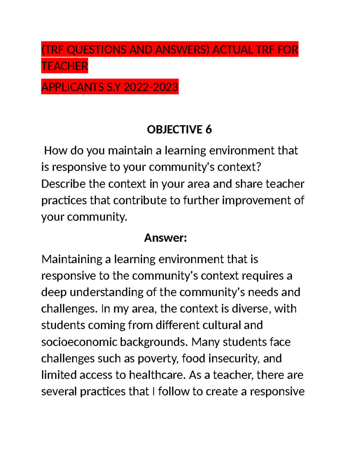 TRF Reviewer - (TRF QUESTIONS AND ANSWERS) ACTUAL TRF FOR TEACHER ...