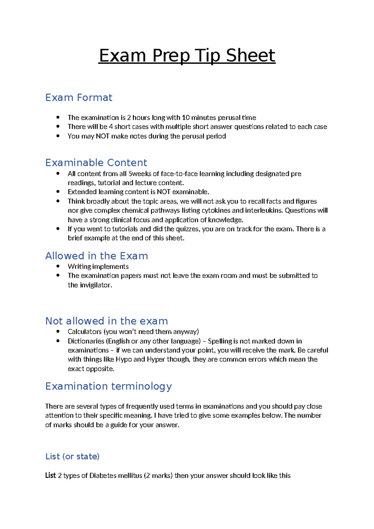 Exam Prep Sheet - exam preparation - Exam Prep Tip Sheet Exam Format ...